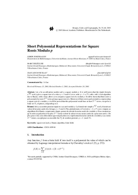 Pdf Short Polynomial Representations For Square Roots Modulo P