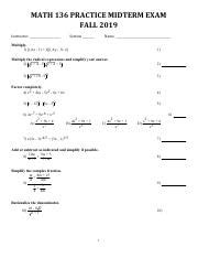 MATH 136 PRACTICE Midterm Fall 2019.pdf - MATH 136 PRACTICE MIDTERM EXAM FALL 2019 Instructor ...