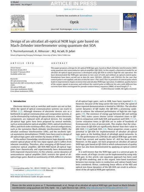 Pdf Design Of An Ultrafast All Optical Nor Logic Gate Based On Mach Zehnder Interferometer