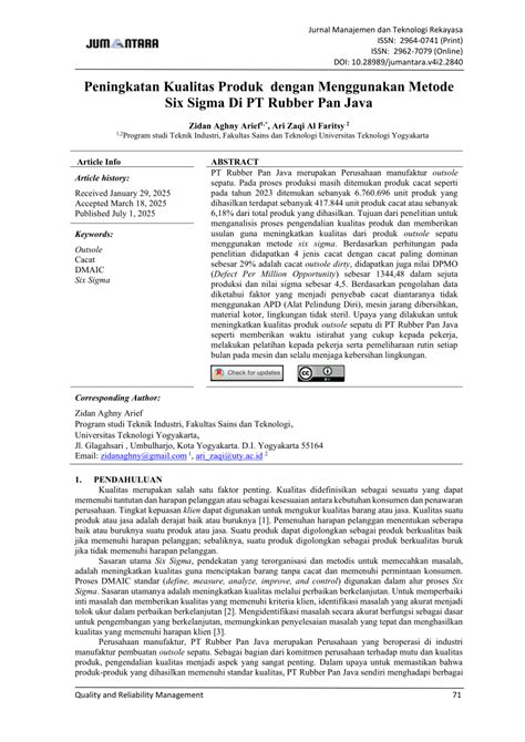Pdf Peningkatan Kualitas Produk Dengan Menggunakan Metode Six Sigma Di Pt Rubber Pan Java