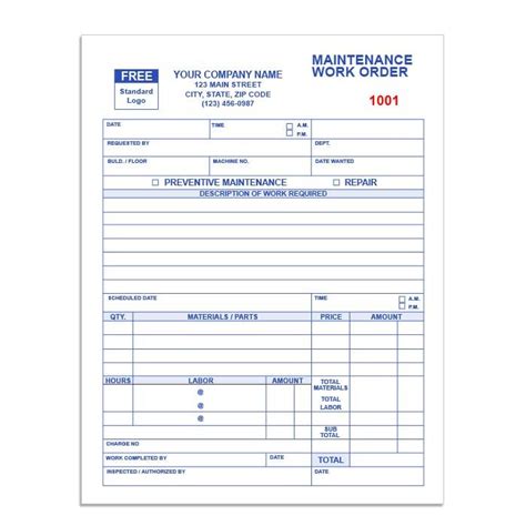 Free Printable Work Order Template