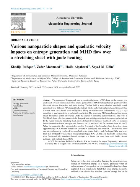 Pdf Various Nanoparticle Shapes And Quadratic Velocity Impacts On Entropy Generation And Mhd