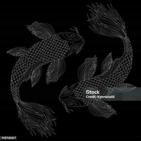 풍수 상징의 스타일에있는 두 개의 일본 잉어 조디악 표시로 컬러 물고기 자리 흰색 그림 0명에 대한 스톡 벡터 아트 및 기타