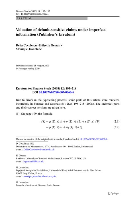 Pdf Valuation Of Default Sensitive Claims Under Imperfect Information