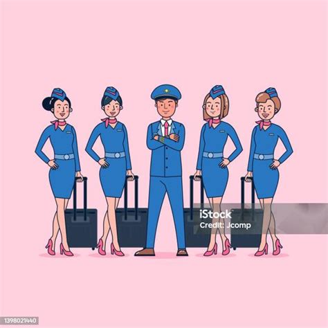 파일럿 에어 안주인 큰 세트 고립 된 플랫 벡터 일러스트 레이 션의 캐릭터 컬렉션 전문 유니폼 만화 스타일을 착용 Workers Party에 대한 스톡 벡터 아트 및 기타