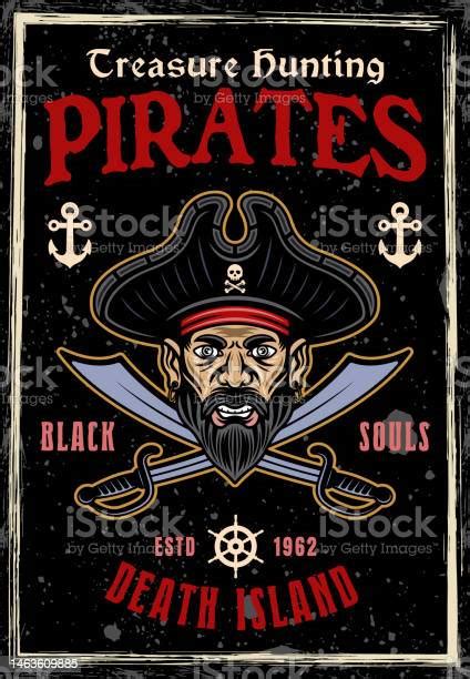 해적 벡터 포스터는 모자를 쓴 남자 머리와 교차 Cabers 컬러 삽화 계층화된 분리된 그런지 텍스처와 텍스트 수병에 대한 스톡