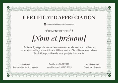 Modèle De Certificat Dappréciation Raffiné Et Honorifique