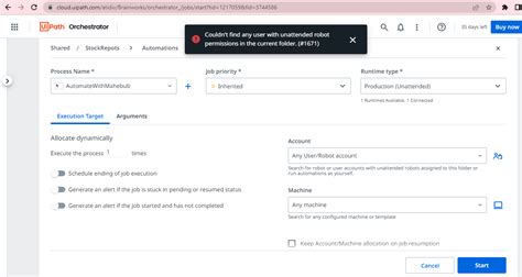 unable to start job by selecting process name orchestrator uipath