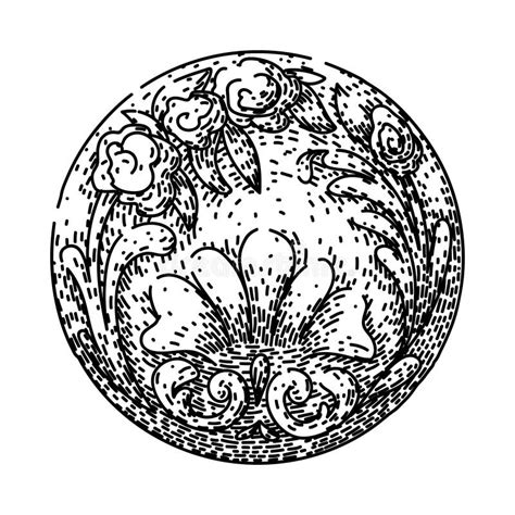 Antique Ornate Metal Button Sketch Hand Drawn Vector Stock Illustration