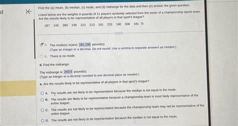 solved find the a mean b median c mode and d
