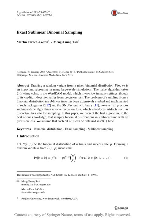 Exact Sublinear Binomial Sampling Request Pdf