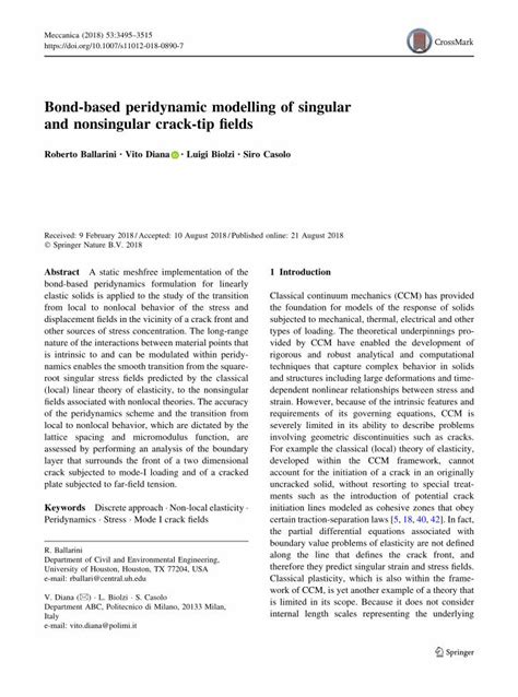 Pdf Bond Based Peridynamic Modelling Of Singular And Nonsingular … · 2020 8 12