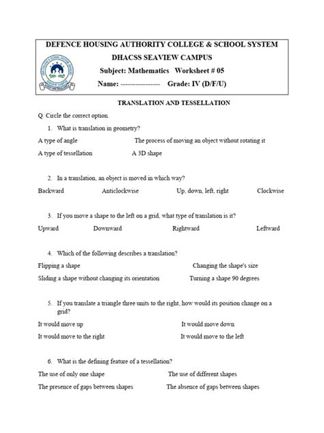 Worksheet 5 Trnaslation And Tessellations Pdf Shape Angle