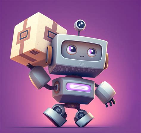 Delivery Bot Walks Holding A Cardboard Box Over Its Head On Purple Background Generative Ai