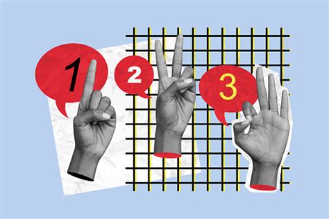 크리 에이 티브 사진 이미지 콜라주 인간의 손 3d 팔 환각 개념 숫자 제스처 텍스트 상자 거품 체크 무늬 배경 수를 보여주는 0명에 대한 스톡 사진 및 기타 이미지
