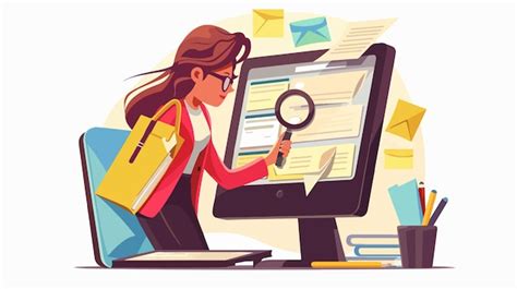 Efficient File Management Woman Using Magnifying Glass For Organizing Documents Premium Ai
