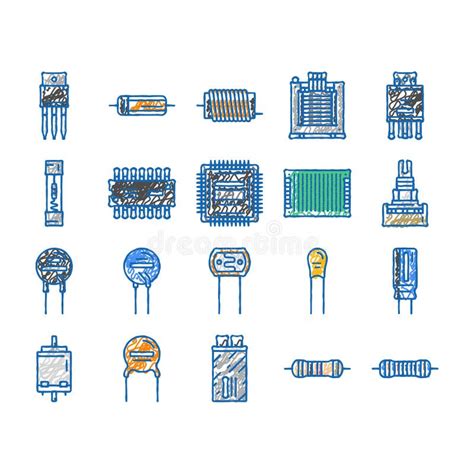 Electronic Component Circuit Chip Icons Hand Drawn Stock Illustration