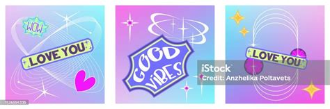 스티커와 그라디언트가 있는 Y2k 템플릿입니다 스티커와 프레임이 있는 90년대 복고풍 디자인 트렌디한 미적 경계와 마음과 모양 플랫 벡터 그림 1990 1999 년에 대한