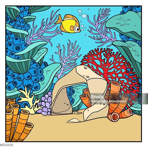 다른 산호 스폰지 말미잘이 있는 만화 수중 세계 흰색 배경에 고립된 색칠 공부 페이지에 대한 색상 변화 귀여운에 대한 스톡 벡터 아트 및 기타 이미지 Istock