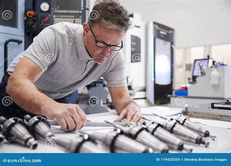 Male Engineer Measuring CAD Drawings In Factory Stock Image Image Of Operator Occupation