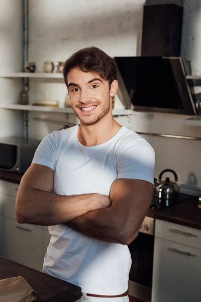 Smiling Handsome Man Standing Crossed Arms Kitchen Stock Photo AllaSerebrina
