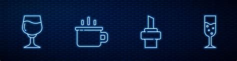 와인 와인 잔 커피 컵 유리 샴페인을 위한 세트 라인 나무 코르크 벽돌 벽에 빛나는 네온 아이콘 벡터 경영자에 대한 스톡 벡터 아트 및 기타 이미지 Istock
