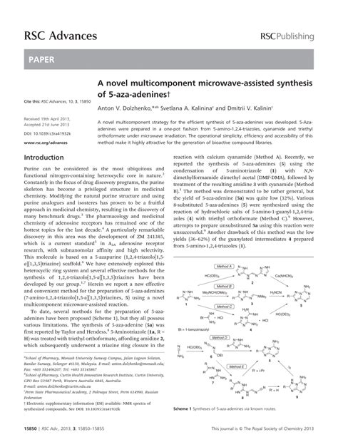 Pdf A Novel Multicomponent Microwave Assisted Synthesis Of 5 Aza Adenines