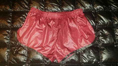 Dark Red Shiny Sprinter Shorts With Black Trim Satin Panties Cotton