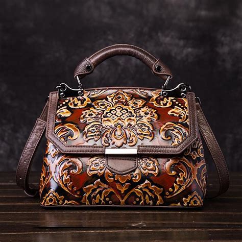 Women Leather Vintage Embossing Handbag Crossbody Bag Red Leather