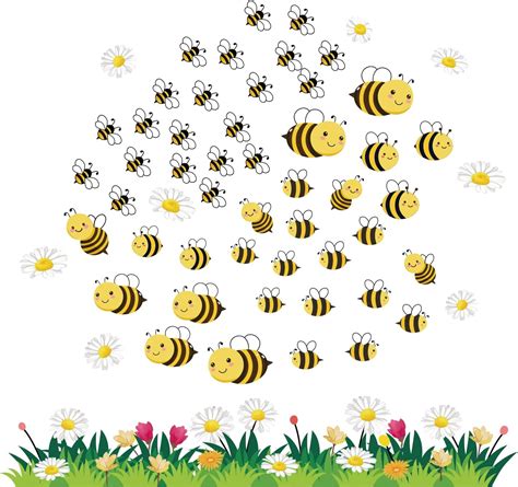 Bee Wall Stickers Yellow Wall Decals Colorful Floral Grass Daisy Mural