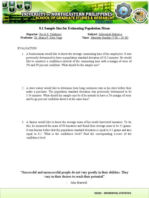 8 1 sample size for estimating population mean rocel calabines pdf