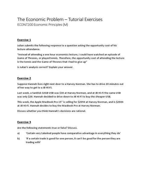 2 Tutorial Exercises The Economic Problem Pdf Economics Economies