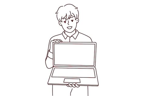 Premium Vector Smiling Man Show Laptop With Mockup Screen