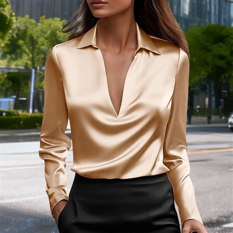 Uootdi Womens Satin Blouses Elegant Long Sleeve Shirts Vintage Satin