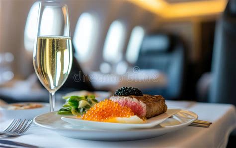 First Class In Flight Dining Setup With Exquisite Plating Of Upscale Cuisine Including Steak And