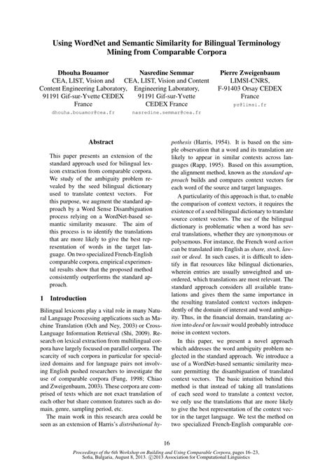 Pdf Using Wordnet And Semantic Similarity For Bilingual Terminology Mining From Comparable Corpora