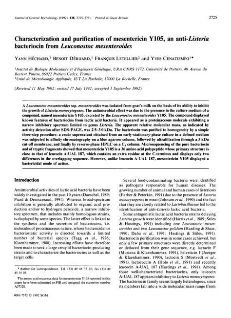Pdf Characterization And Purification Of Mesentericin Y105 An Anti