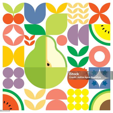 기하학적 여름 신선한 과일 컷 작품 포스터 화려한 간단한 모양 스칸디나비아 스타일의 플랫 추상 벡터 패턴 디자인 흰색 배경에 녹색 배의 미니멀리스트 그림 과일에 대한 스톡