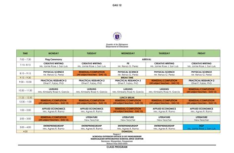 Shs Class Program School Year 2025 20251stsem 1docx