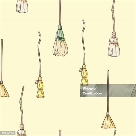 귀여운 빗자루 낙서 매끄러운 패턴 할로윈 장식 매직 빗자루 배경 텍스처 타일 Samhain Festival에 대한 스톡 벡터