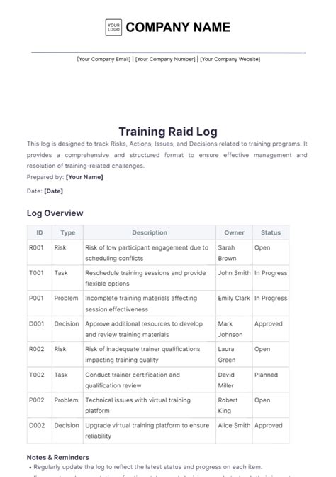 Free Training Raid Log Template To Edit Online