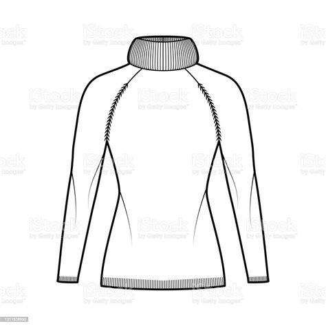 스웨터 과장 터틀넥 기술 패션 일러스트와 긴 라글란 슬리브 슬림 핏 엉덩이 길이 리브 트리밍 0명에 대한 스톡 벡터 아트 및