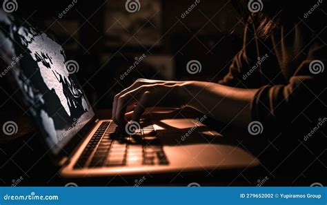 One Person Working Late At Night Typing On Laptop Generative Ai Stock