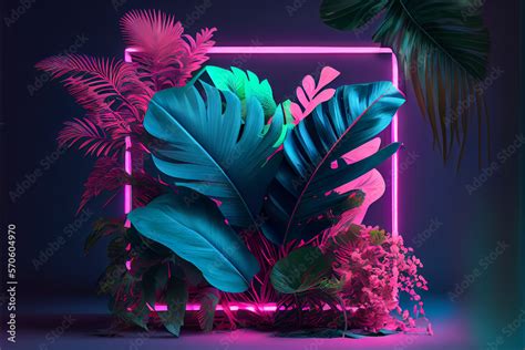 Tropical Leaves With Neon Colour Light Square Creative Fluorescent