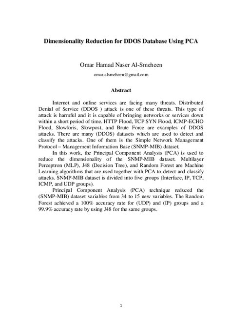 pdf dimensionality reduction for ddos database using pca omar al