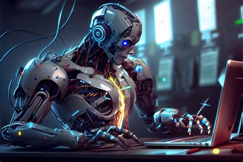 Humanoid Robot Artificial Intelligence Working At His Computer Futuristic Concept Stock