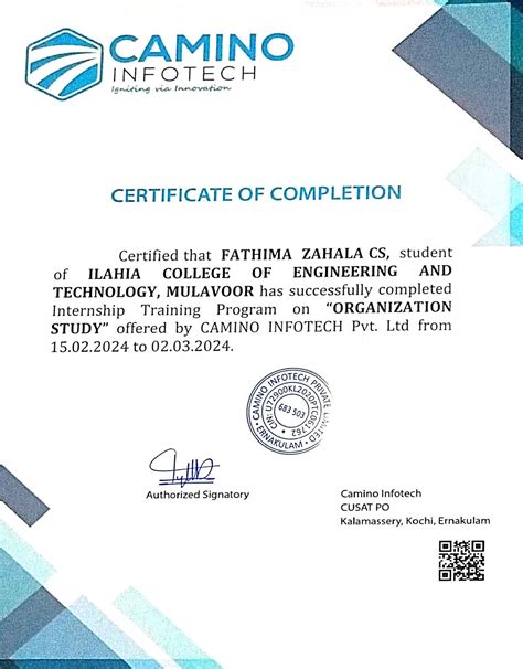 Fathima Zahala On Linkedin Successfully Completed 15 Days Internship At Camino Infotech