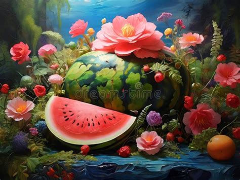 Flowers And Watermelons Blend Into One Stock Illustration