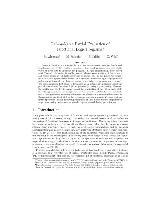 Pdf Call By Name Partial Evaluation Of Functional Logic Programs