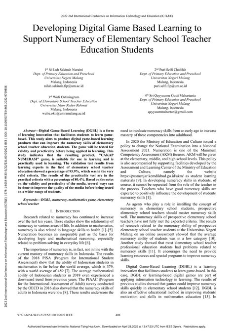 Pdf Developing Digital Game Based Learning To Support Numeracy Of Elementary School Teacher